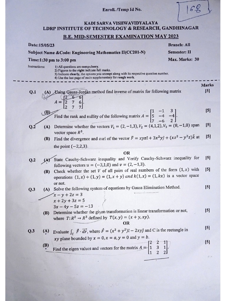 Maths Paper Mid | PDF | Matrix (Mathematics) | Vector Space