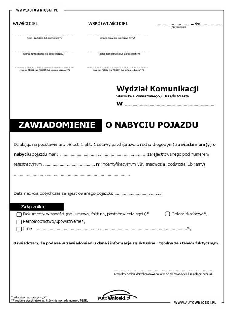 Zawiadomienie o Nabyciu Pojazdu Zarejestrowanego | PDF