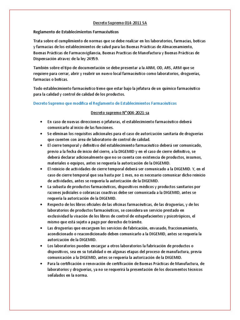 Decreto Supremo 014 y 016 | PDF | Farmacéutico | Farmacia