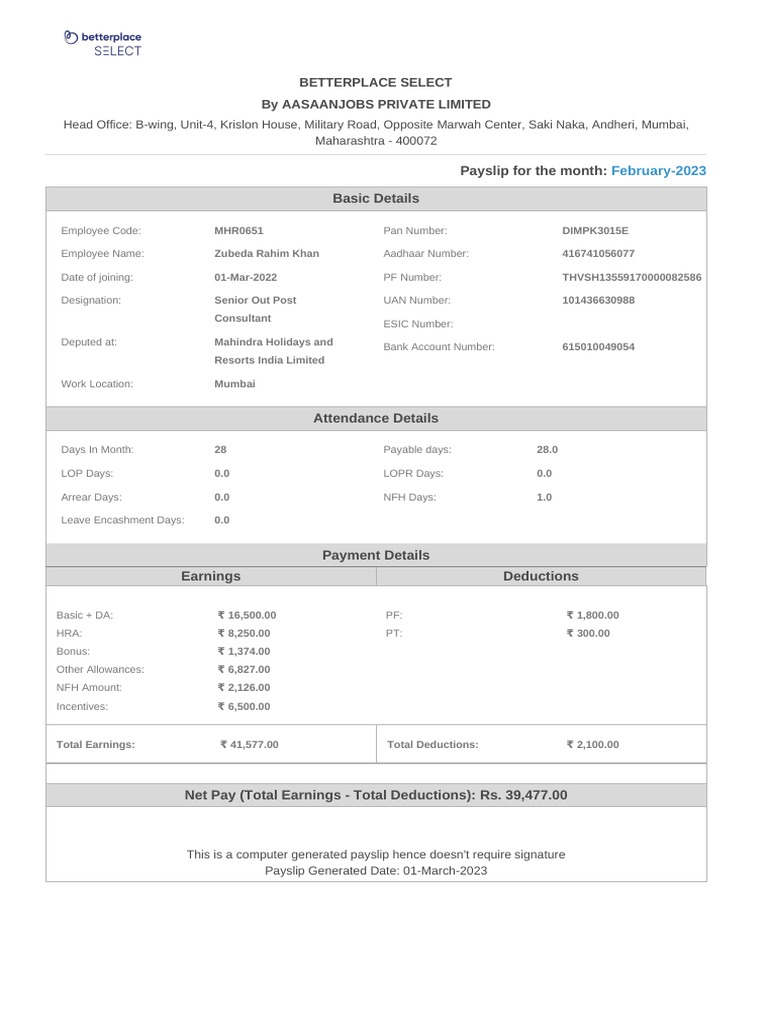 Payslip February-2023 | PDF | Paycheck | Factor Income Distribution