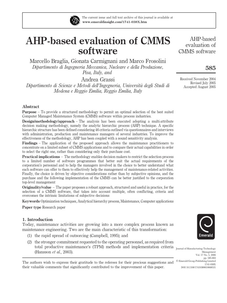 AHP-based Evaluation of CMMS Software | PDF | Enterprise Resource ...