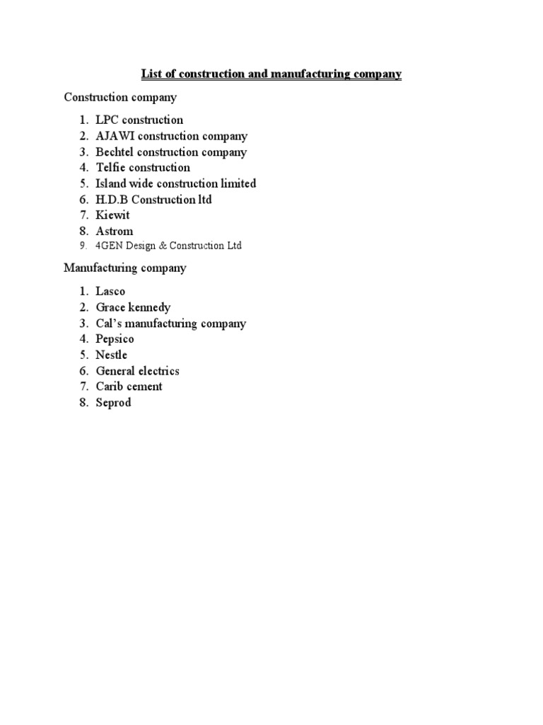 Construction and Manufacturing Companies List | PDF | Travel | Science ...