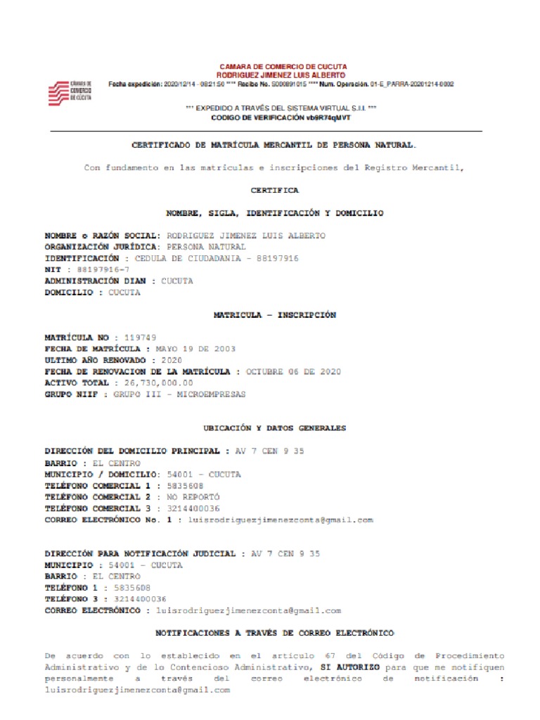 Certificado Matrícula Mercantíl | PDF