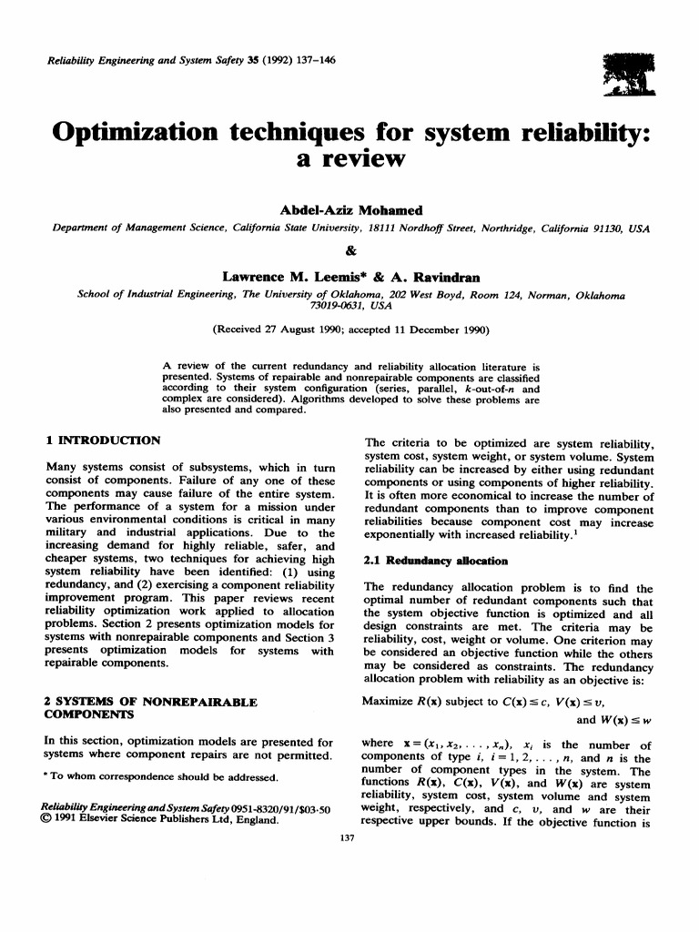 System Reliability Optimization Techniques | PDF | Mathematical ...