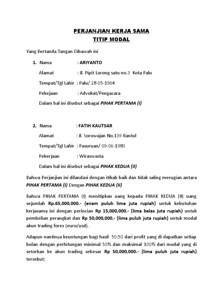 Perjanjian Kerja Sama Titip Modal | PDF