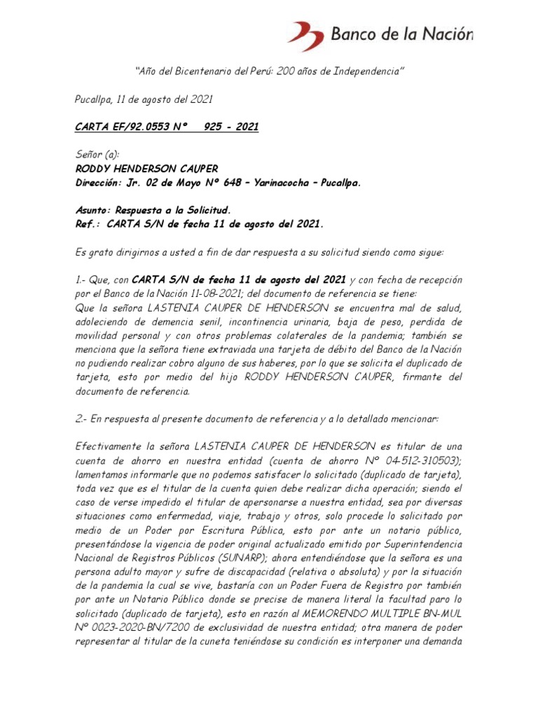 Carta a Carta Sn Roddy Henderson Acuper | PDF