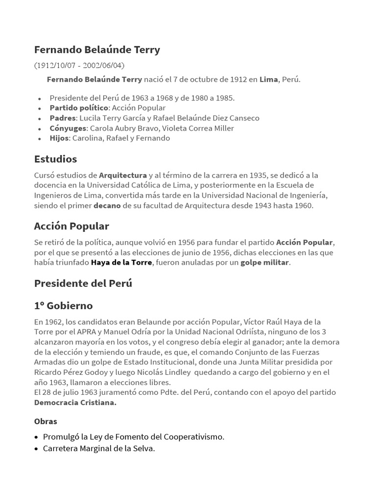 Fernando Belaúnde Terry | PDF | Comunidad andina | Gobierno