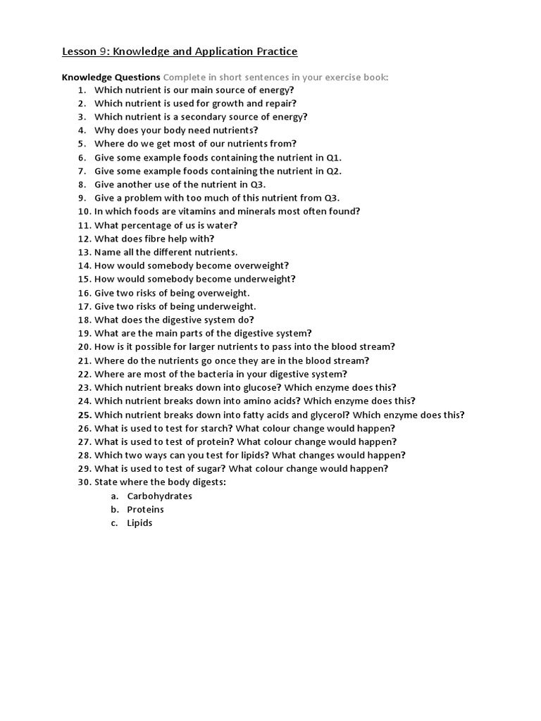 Y8 Nutrition and Digestion Lesson 9 Knowledge and Application Practice ...