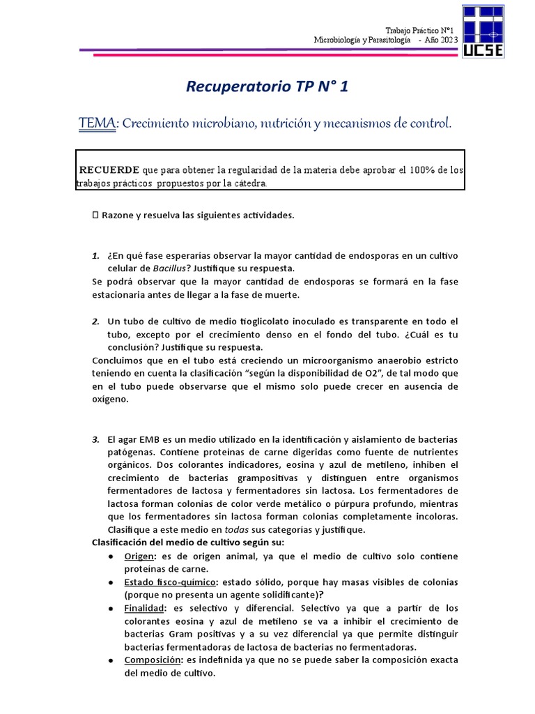 Trabajo Practico N1 2023 Recuperatorio Pdf Las Bacterias