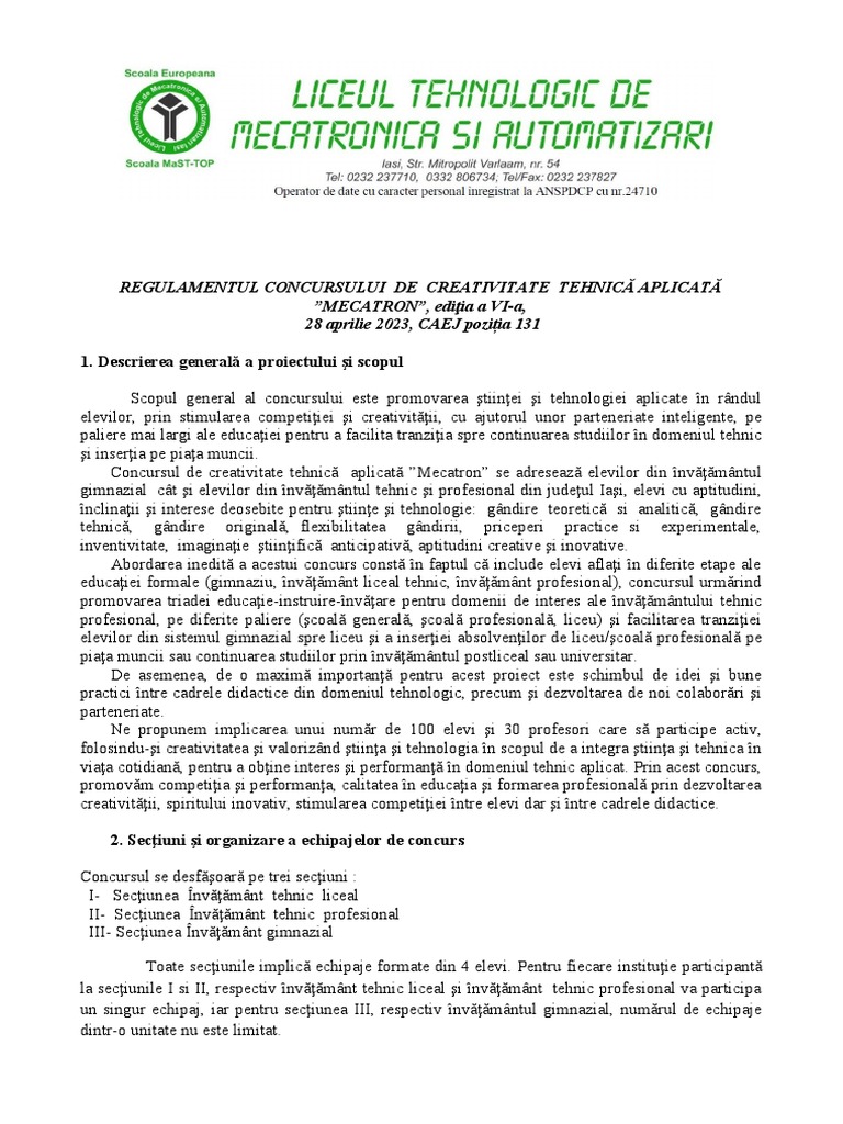 Regulament Concurs MECATRON 2023 | PDF