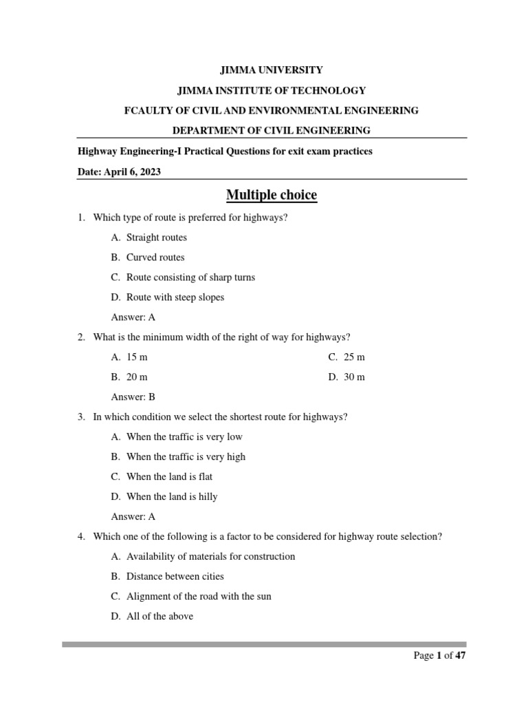 Highway Engineering I Practical Questions | PDF | Road | Controlled ...