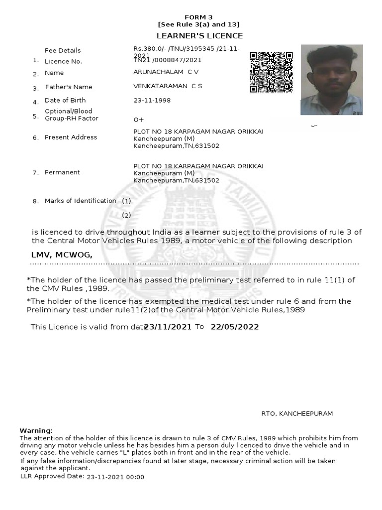 Learner's Licence Details India | PDF