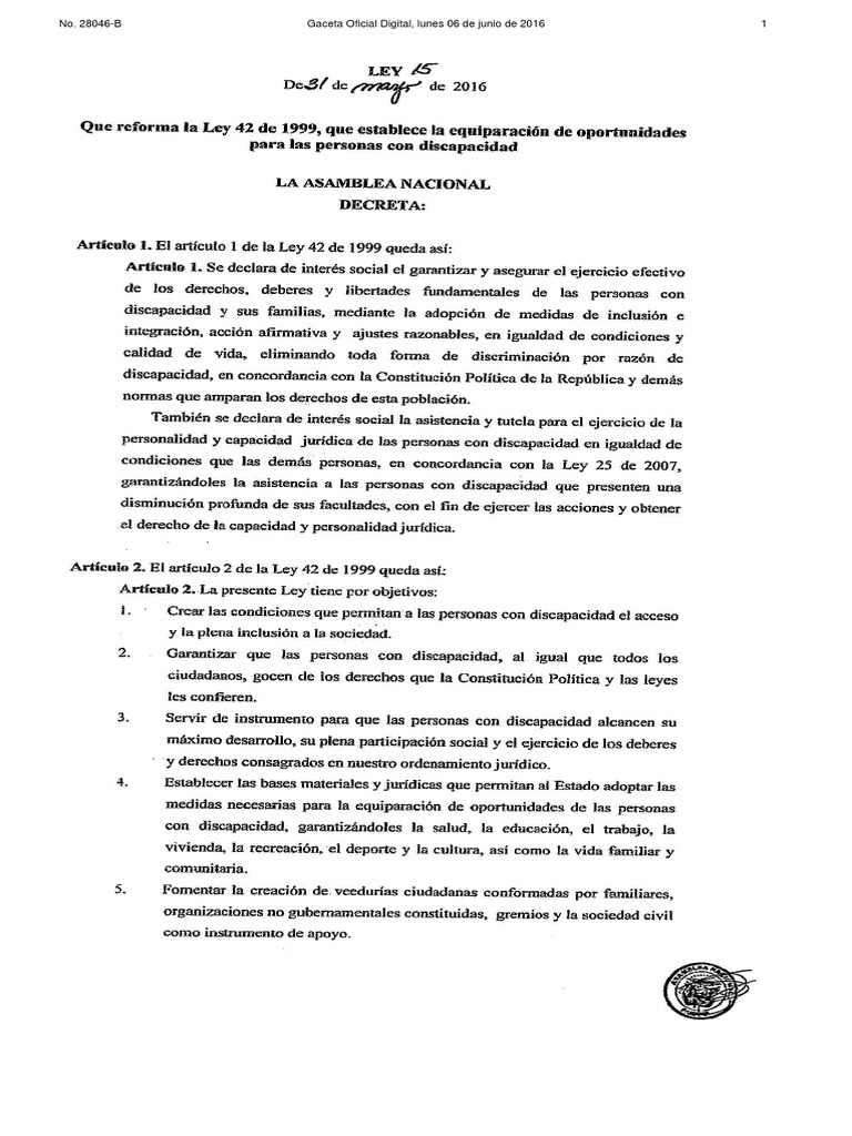 Ley No. 15 de 31 de Mayo de 2016 Que Reforma La Ley No. 42 de 1999 ...