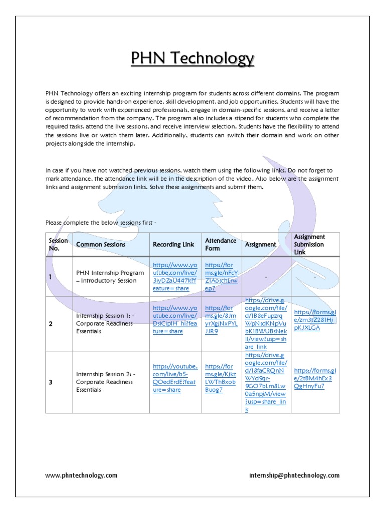 PHN - Internship Details & Session Links | PDF | Internship | Job Hunting
