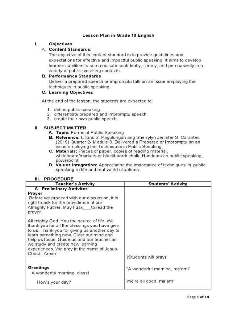 Grade 10 Public Speaking Lesson Plan | PDF | Public Speaking | Lesson Plan