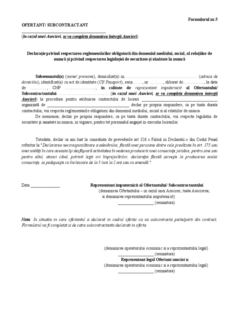 Formularul NR 5 Declarație Privind Respectarea Reglementărilor ...