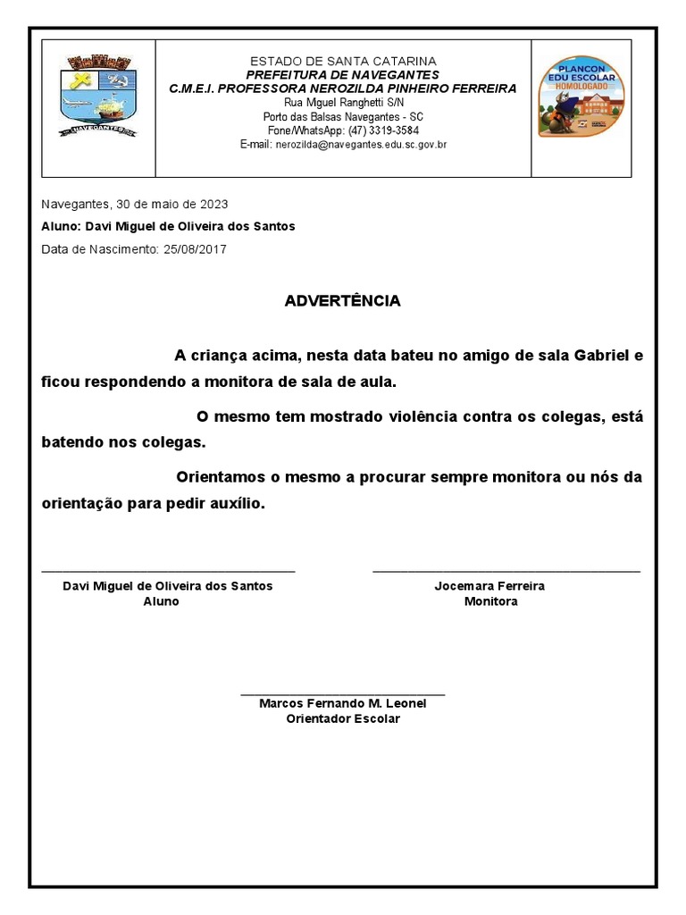 Advertência de Aluno - Turma - Jardim Ib | PDF