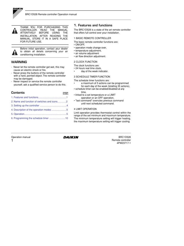 User Manual Daikin BRC1D52 (English - 20 Pages) | PDF | Remote Control ...