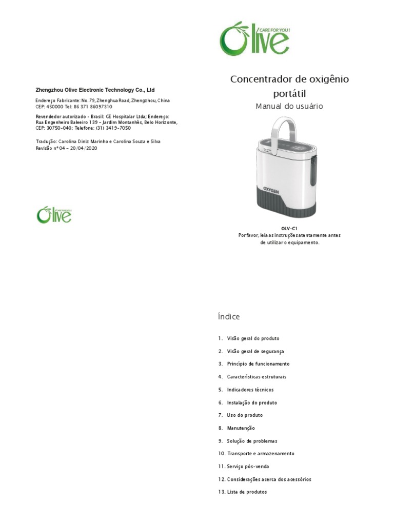 Manual concentrador Olive Portatil | PDF | Oxigênio | Fonte de energia