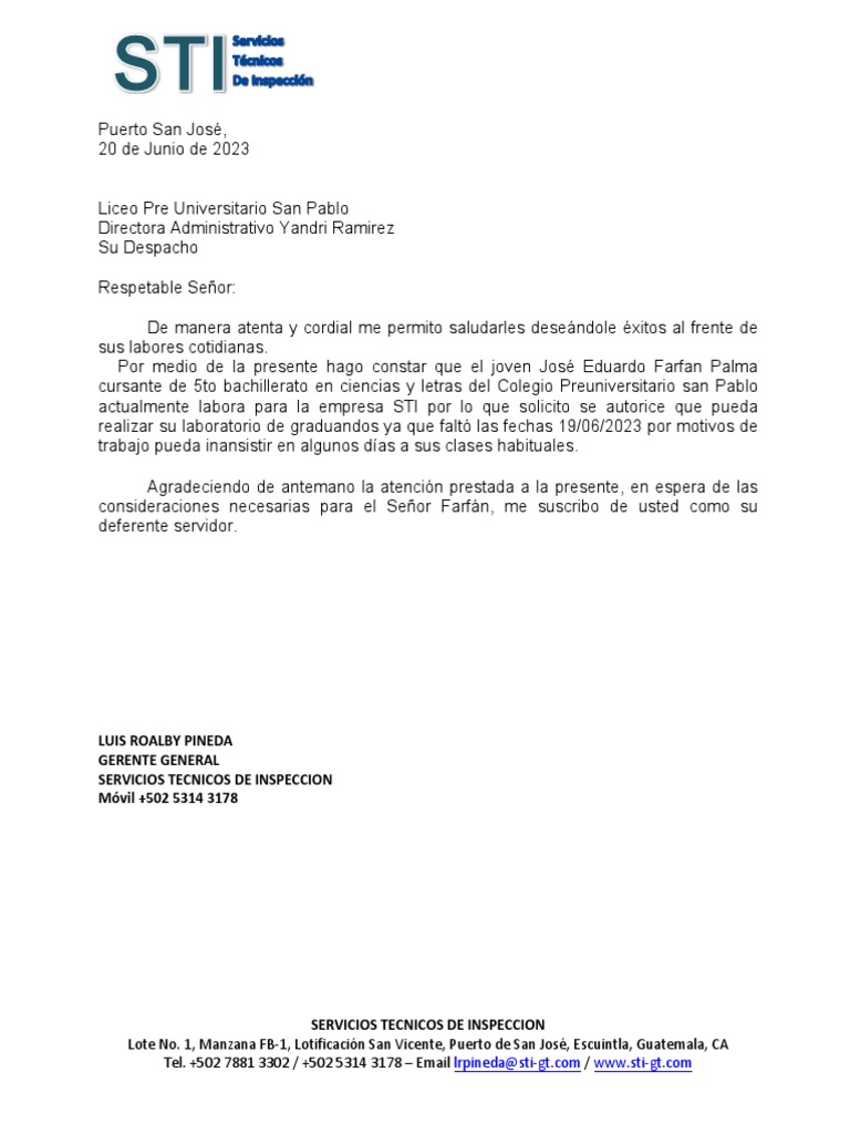 Carta Portuaria - Contancia de Trabajo j Farfán | PDF