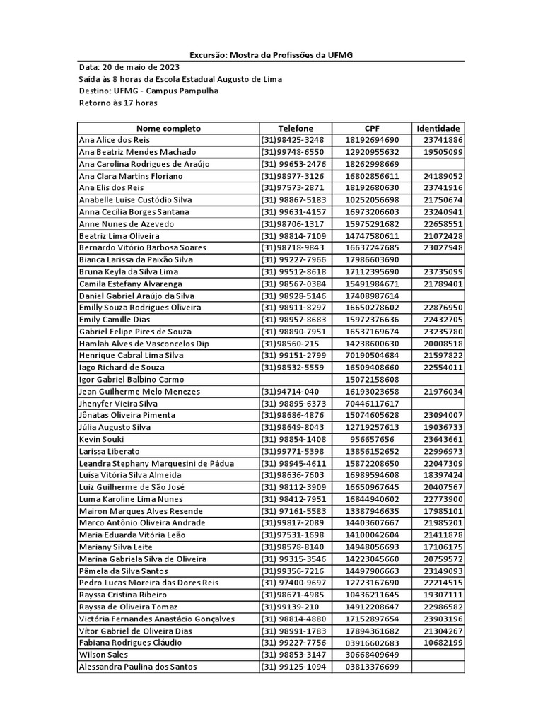 Lista Excursão EEAL_Mostra de Profissões UFMG | PDF