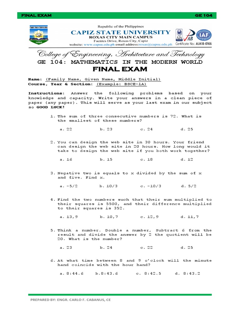 FINAL-EXAM-GE-104 | PDF | Equations | Mathematics