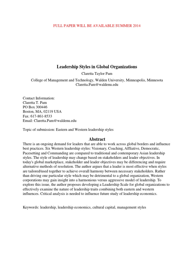 Leadership Styles in Global Organization | PDF | Leadership | Confucianism