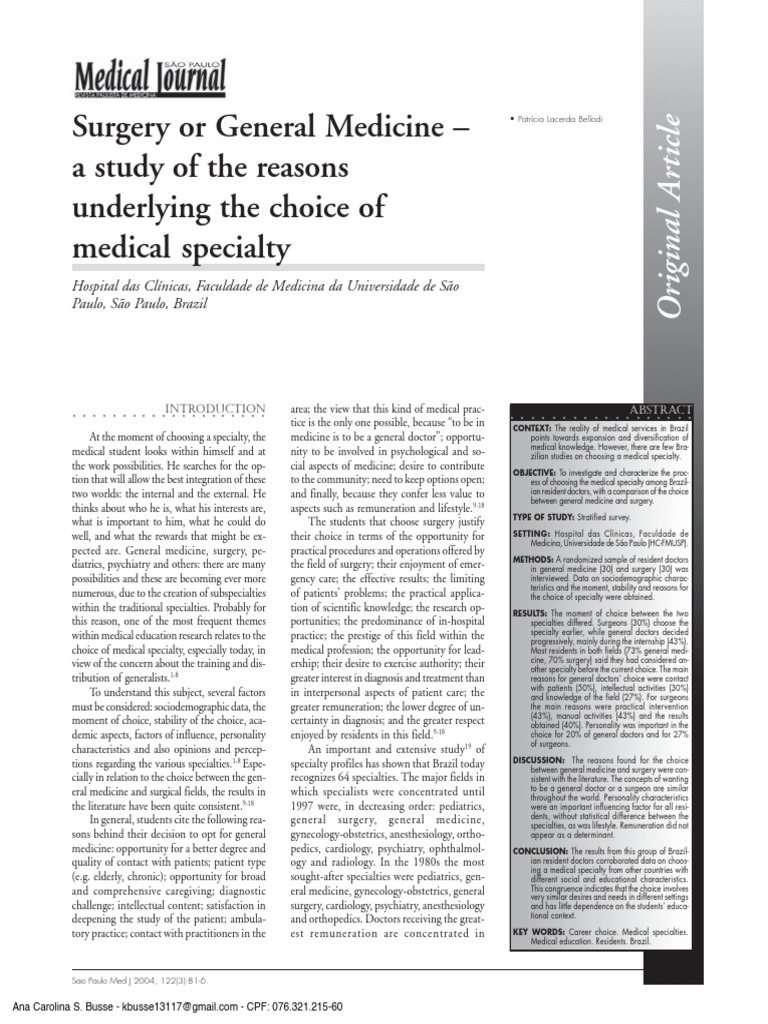 Surgery or General Medicine - A Study of The Reasons Underlying The Choice of Medical Specialty ...