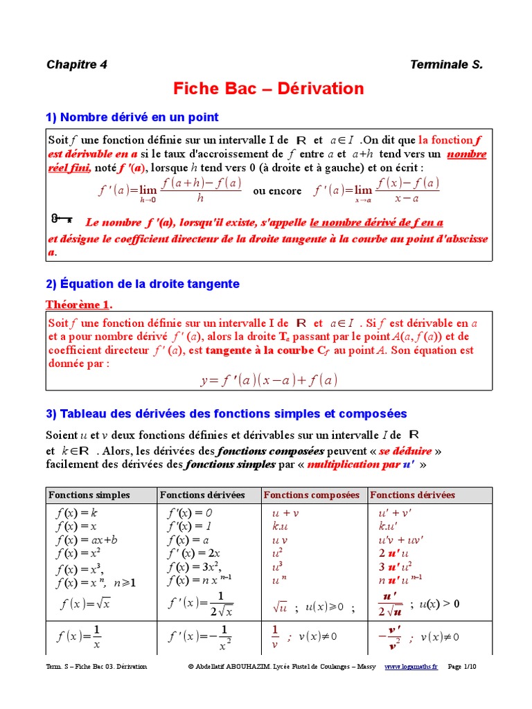 TS FicheBac03 Derivation | PDF | Tangente (géométrie) | Géométrie ...