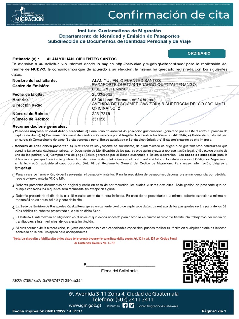 Confirmación De Cita Para Pasaporte Pdf