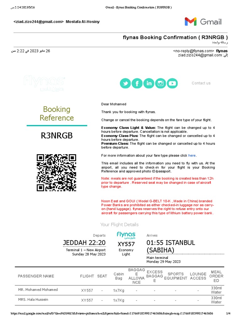 Gmail - Flynas Booking Confirmation - (R3NRGB) | PDF | Credit Card | Baggage