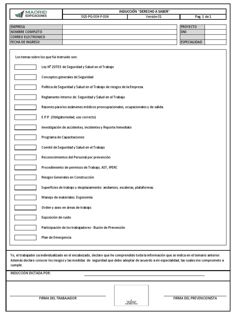 SGS-PG-004-F-005 Induccion Derecho A Saber | PDF