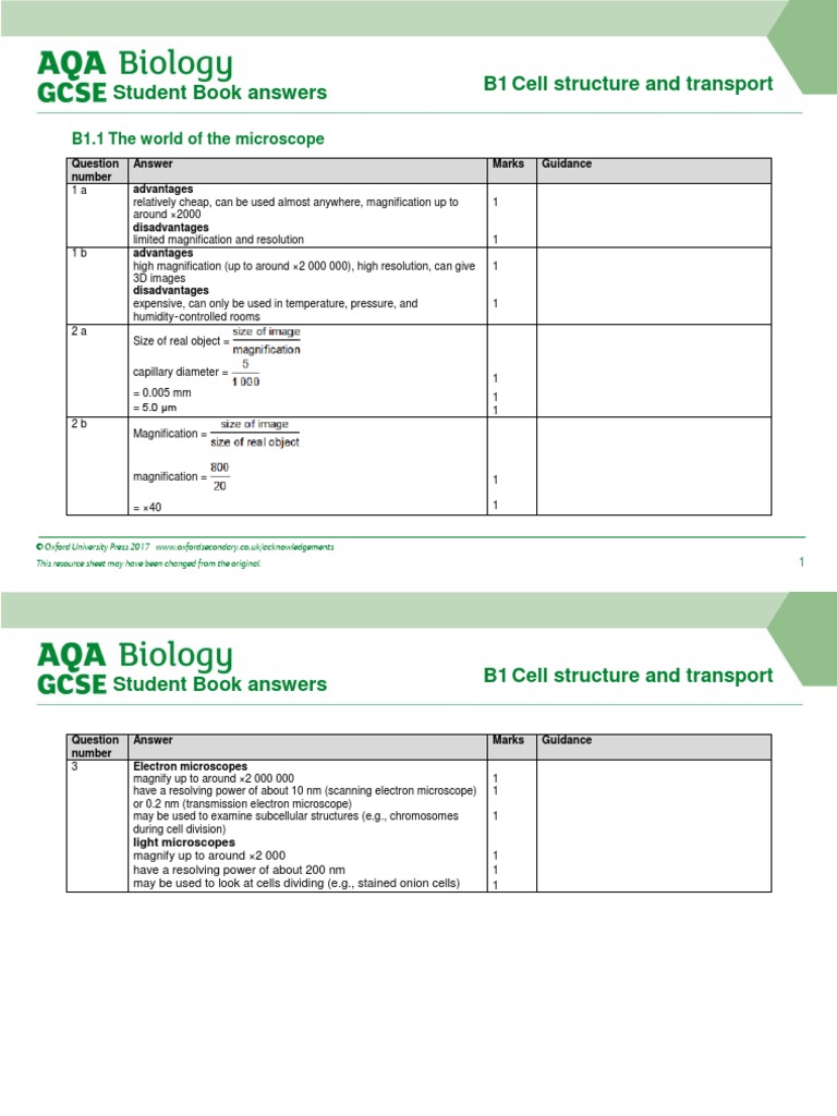 AQA GCSE Bio End of Topic B1 | PDF | Osmosis | Cell (Biology)