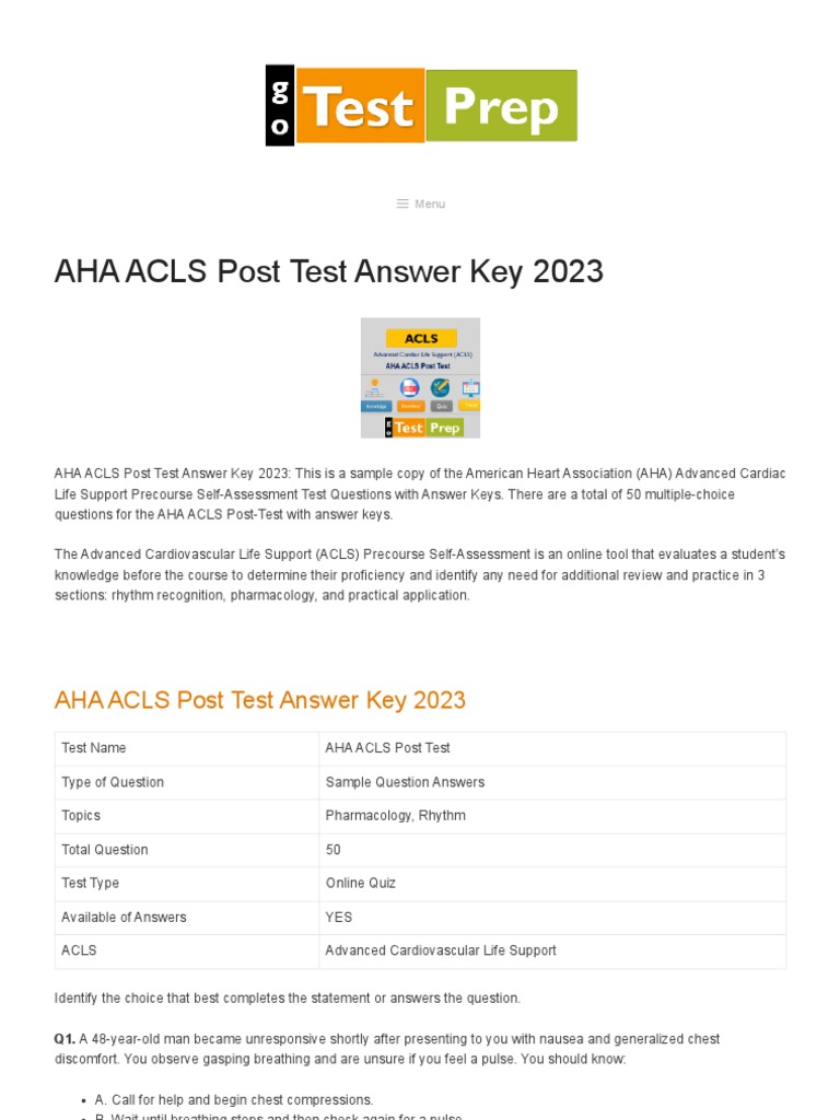 AHA ACLS Post Test Answer Key 2023 | PDF | Cardiopulmonary ...