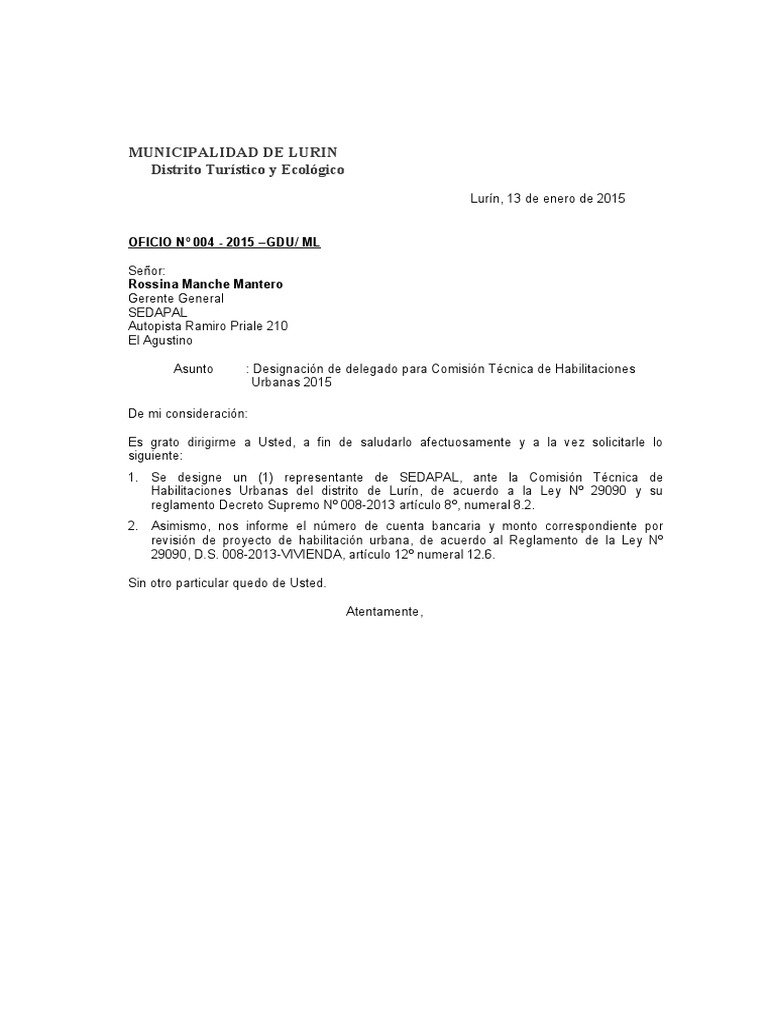 Oficio #004 - 2015 - Gdu Ml-Sedapal - 2015 | PDF