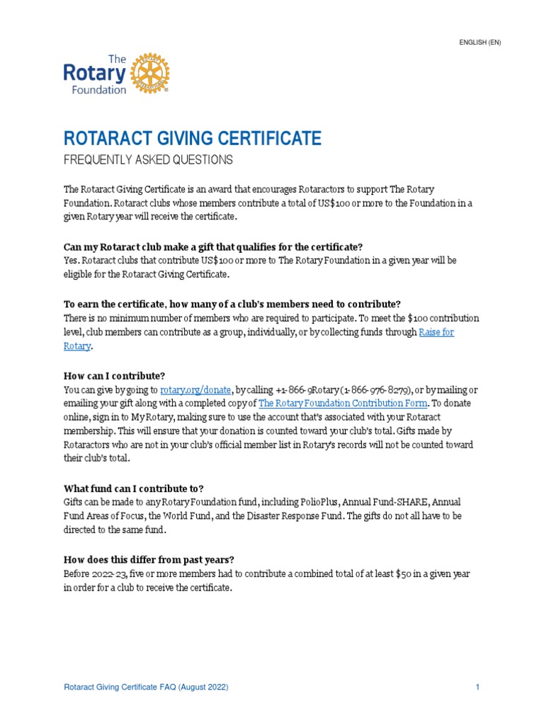 Rotaract Giving Certificate Frequently Asked Questions en | PDF