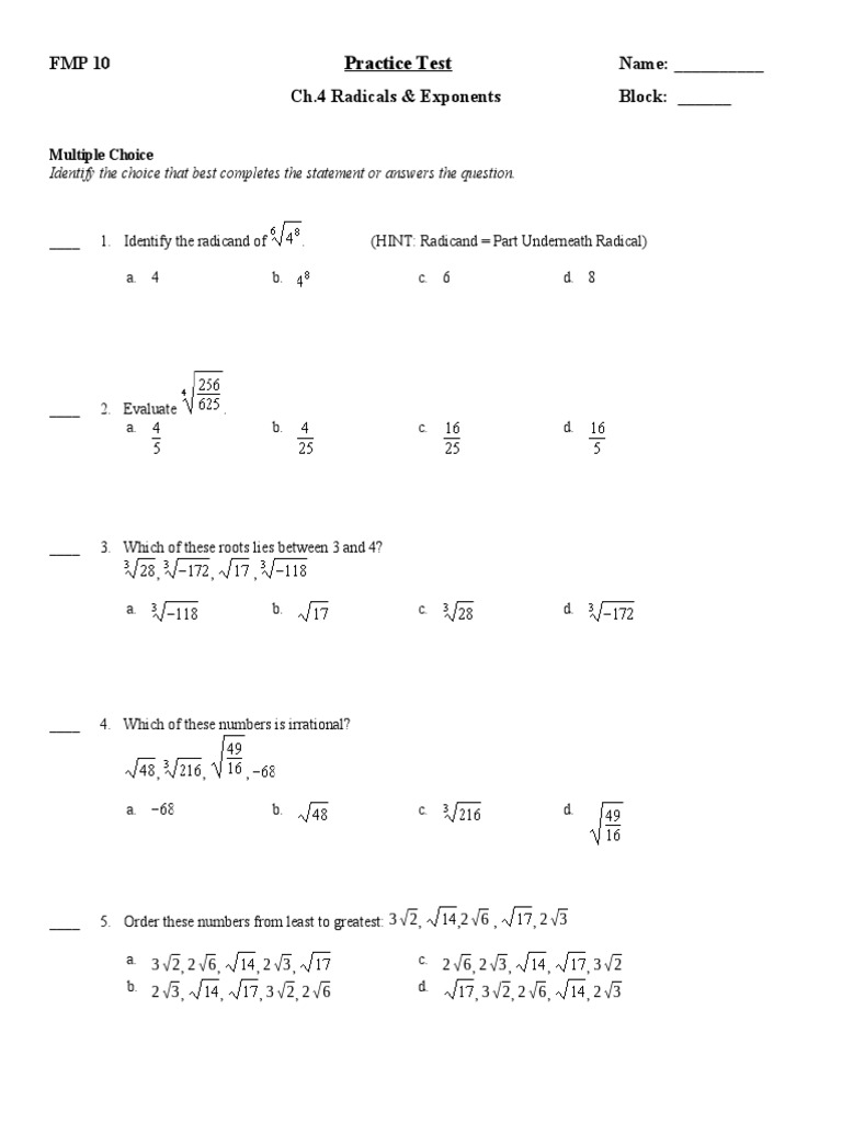 Pretest Ch.4 Roots and Powers - With Answers | PDF | Area ...