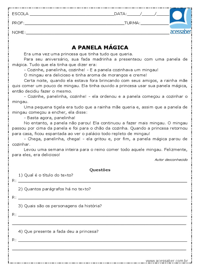 Interpretacao de Texto A Panela Magica 3 Ano e 4 Ano | PDF