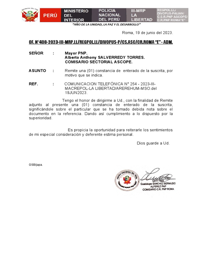 OFICIO 408ref - COMUNICACION TELEFÓNICA #254 | PDF