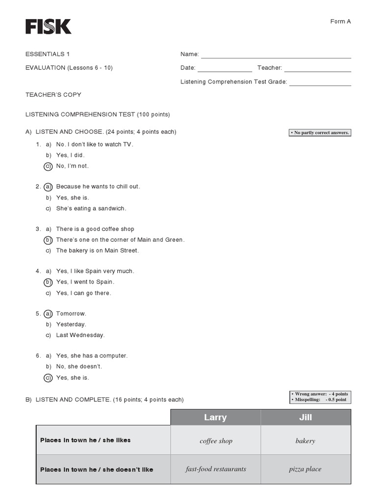 Essentials 1 Listening Comprehension Tests Lesson 6-10 - Form A | PDF