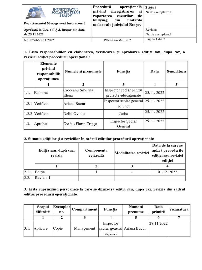 PO - PROCEDURA Înregistrare Și Raportare Bullying - 2022 | PDF