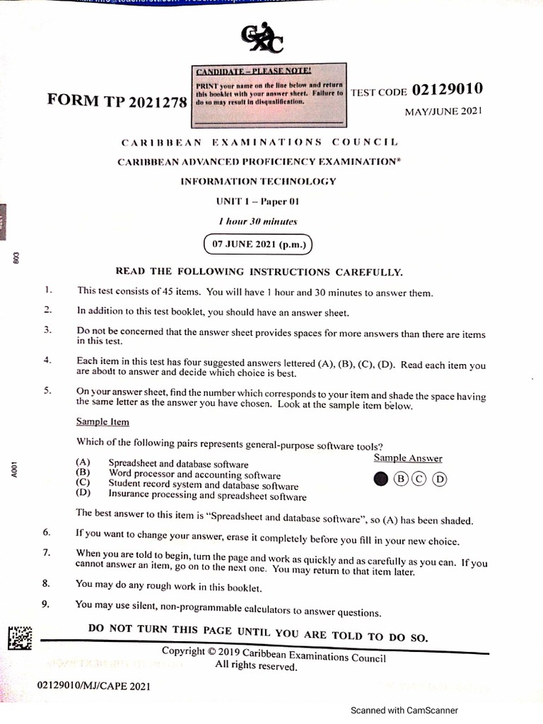 CAPE Info Tech Unit 1 P1 2021 | PDF