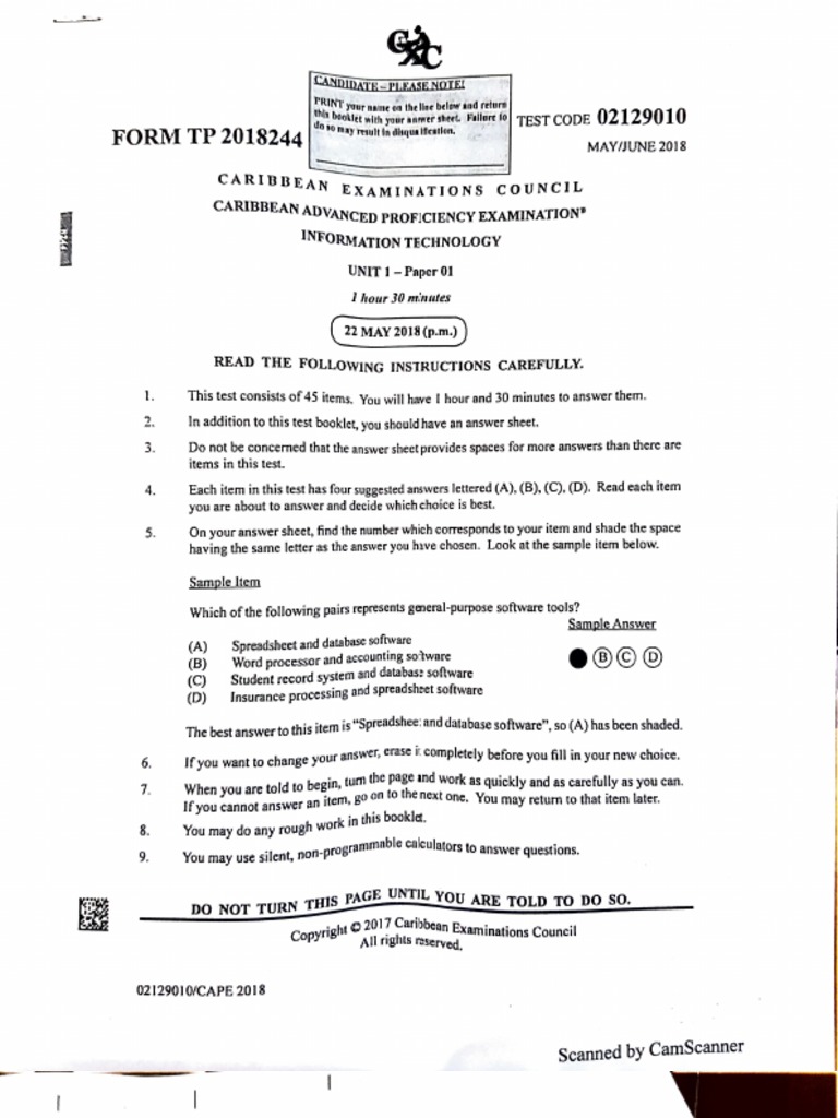 CAPE Info Tech Unit 1 P1 2018 | PDF
