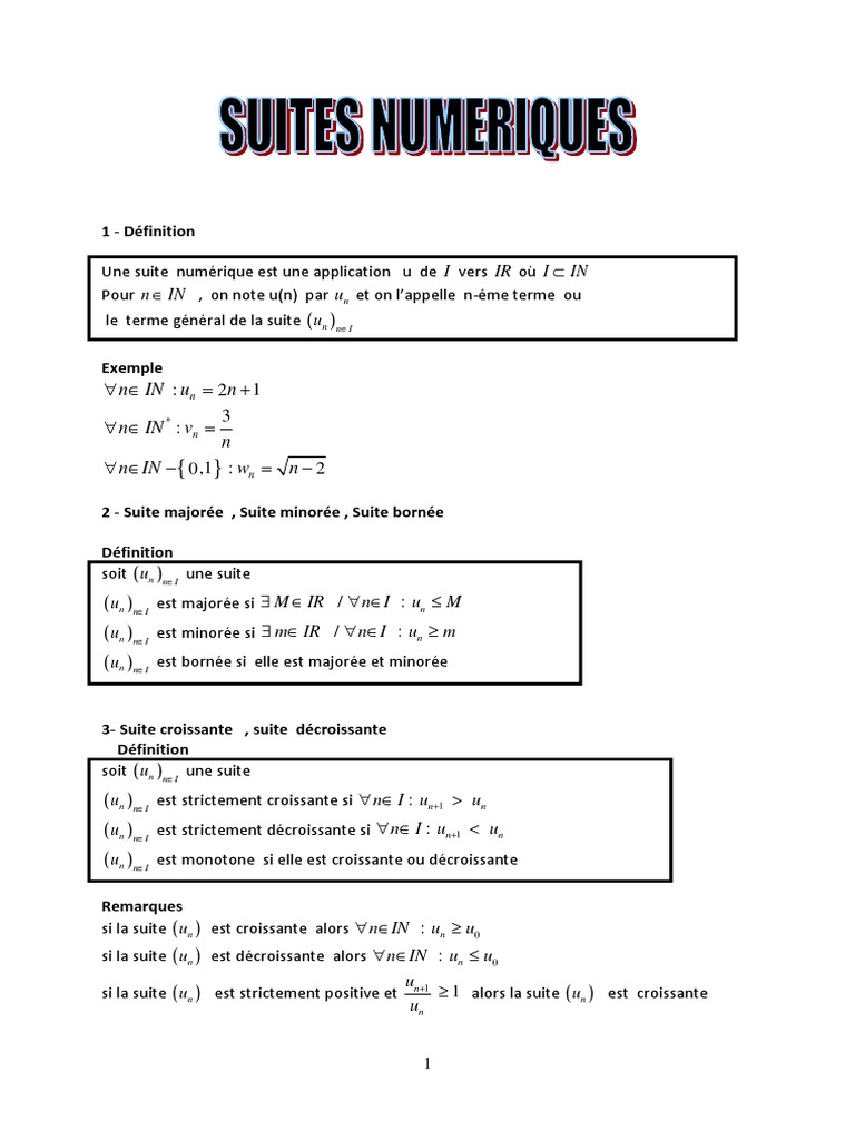 Suites numériques : définitions et propriétés | PDF | Séquence ...