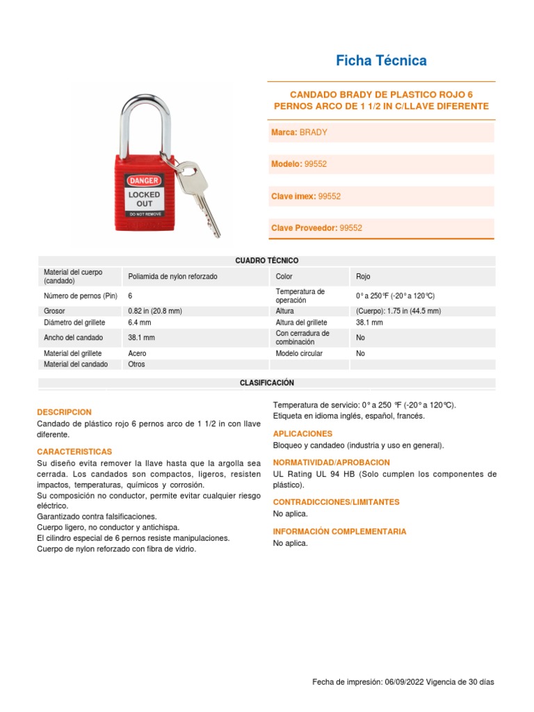 Candado Brady Rojo 6 Pernos 1.5" | PDF | Materiales | Ingeniería de ...