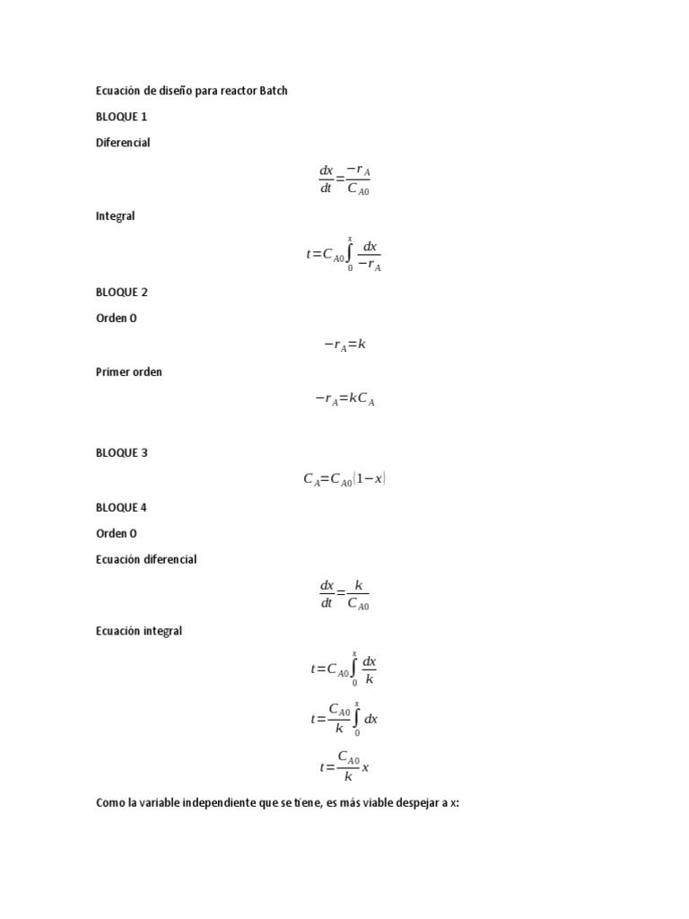 Ecuación de diseño para reactor Batch | PDF