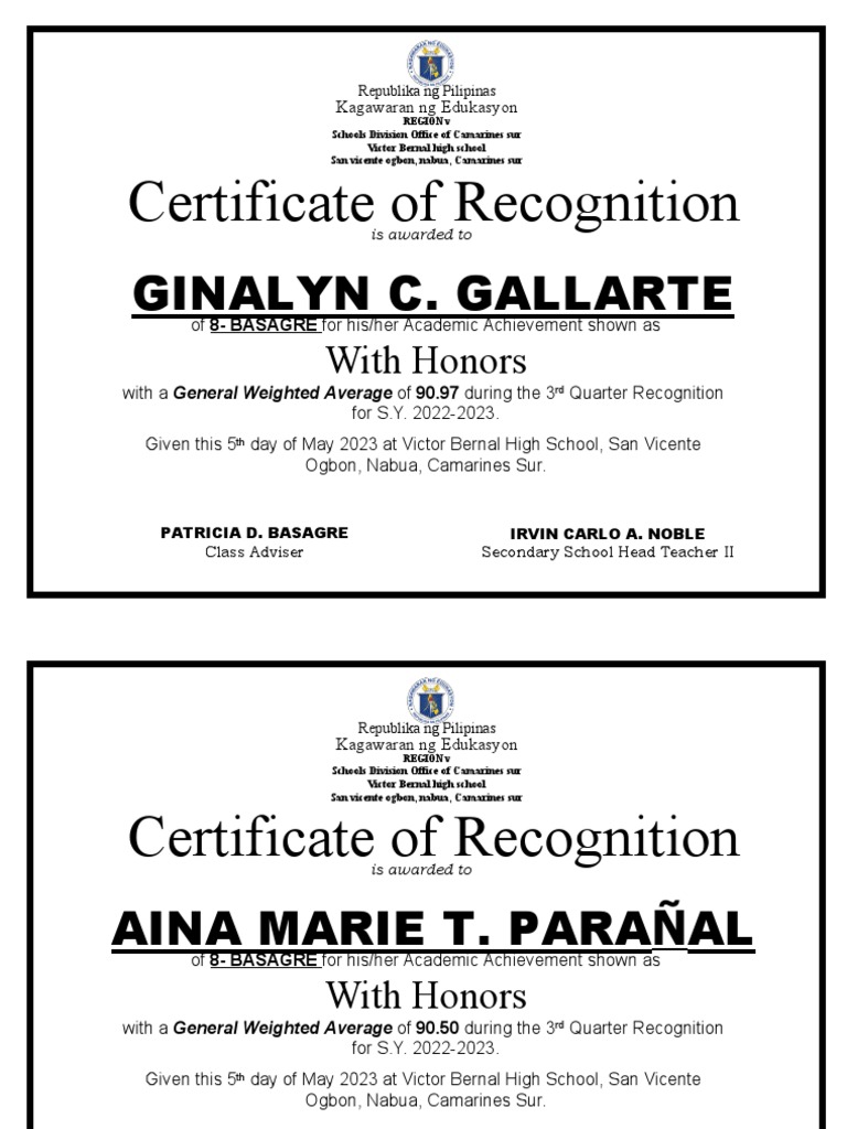 Certificate of Recognition-3rd Quarter (2022-2023) | PDF