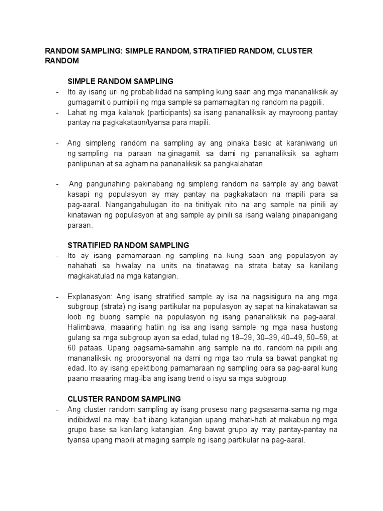 Random Sampling - Simple Random, Stratified Random, Cluster Random | PDF