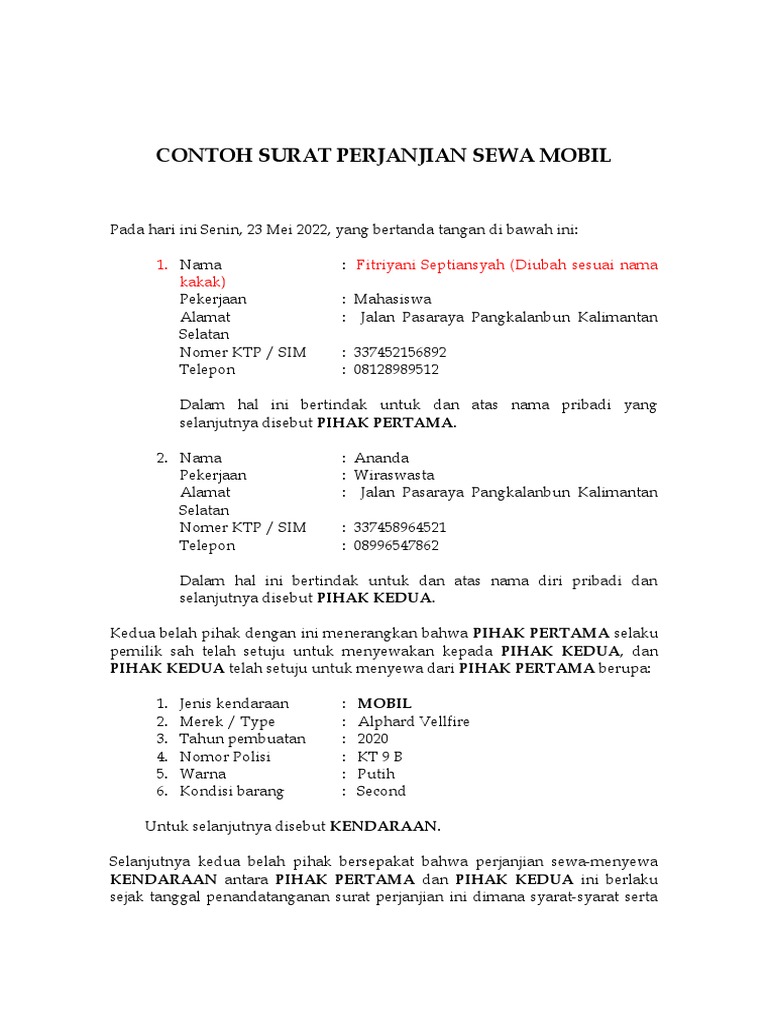 Surat Perjanjian Sewa Menyewa Mobil | PDF