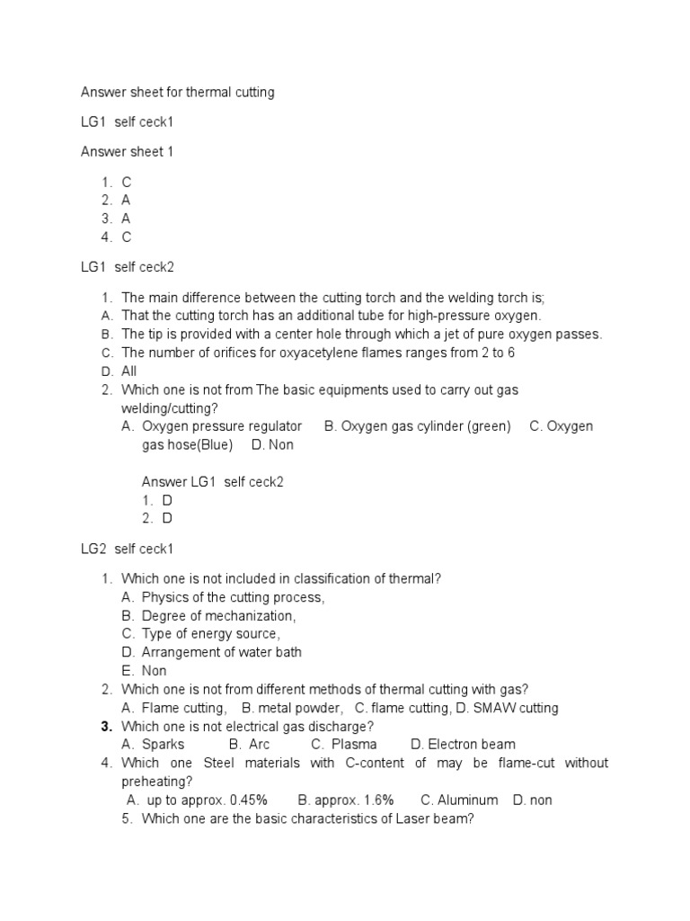 Answer Sheet For Thermal Cutting Self Check | PDF